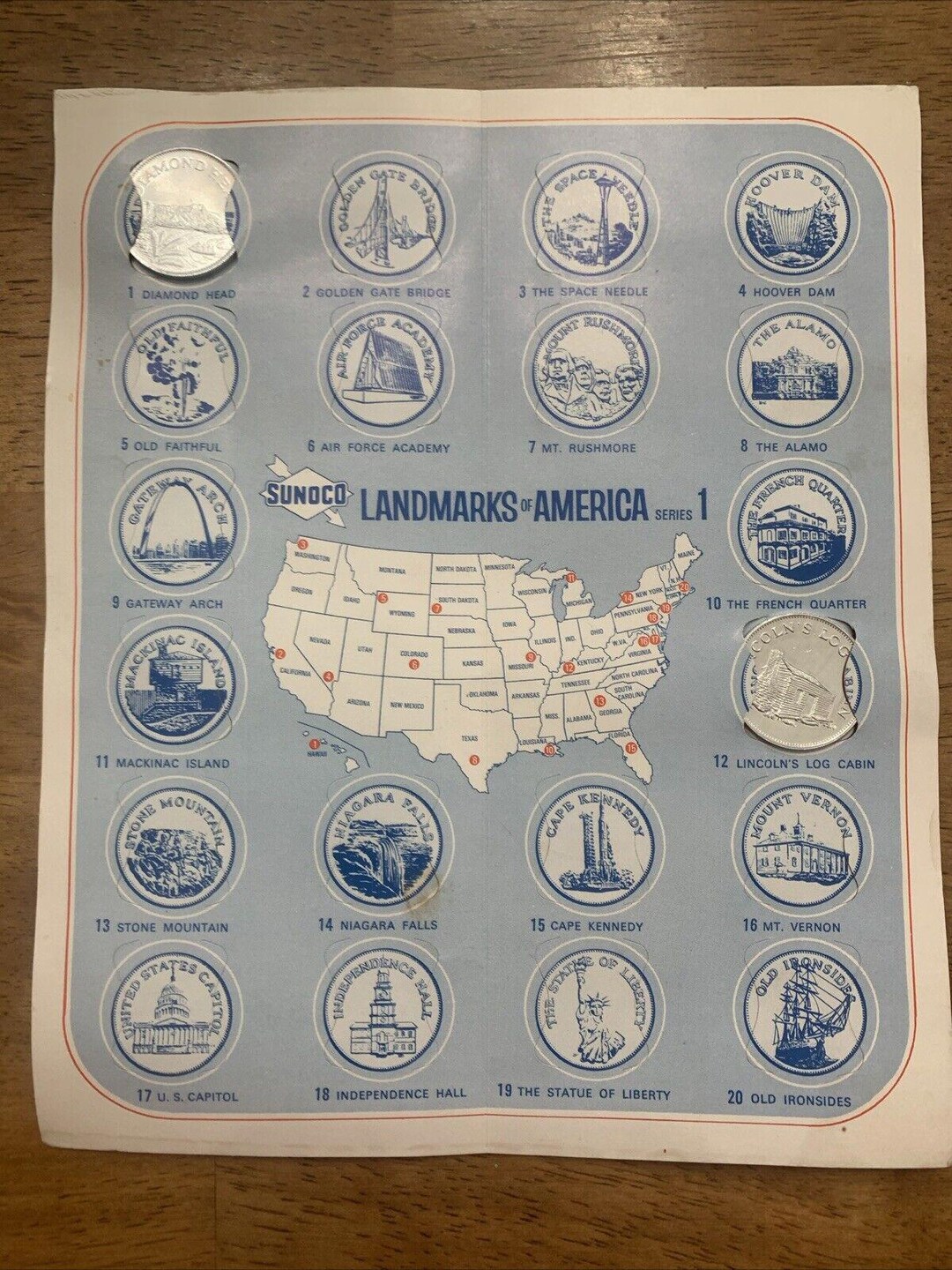 1969 Sunoco Landmarks of America Collectible Coins UN-USED CARD Series ...