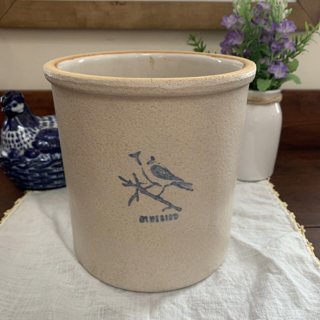 Vintage Burley Clay Cobalt Blue Bird 2 Pint Crock Primitive Farmhouse ...