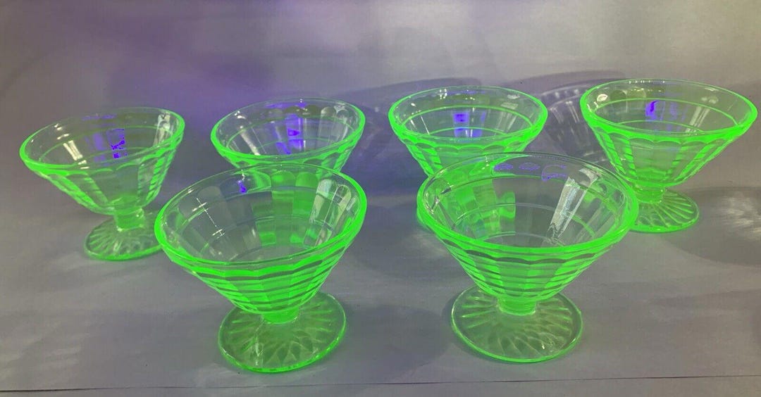 Anchor Hocking Block Optic Sherbet Dishes Green Uranium Baseline Glass ...