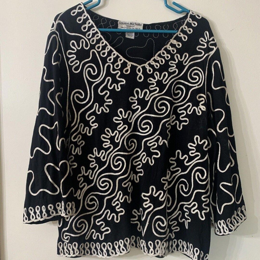 VTG Y2K Michelle Top Womens Plus Sz 1X Black Embroidered Artsy Boho ...