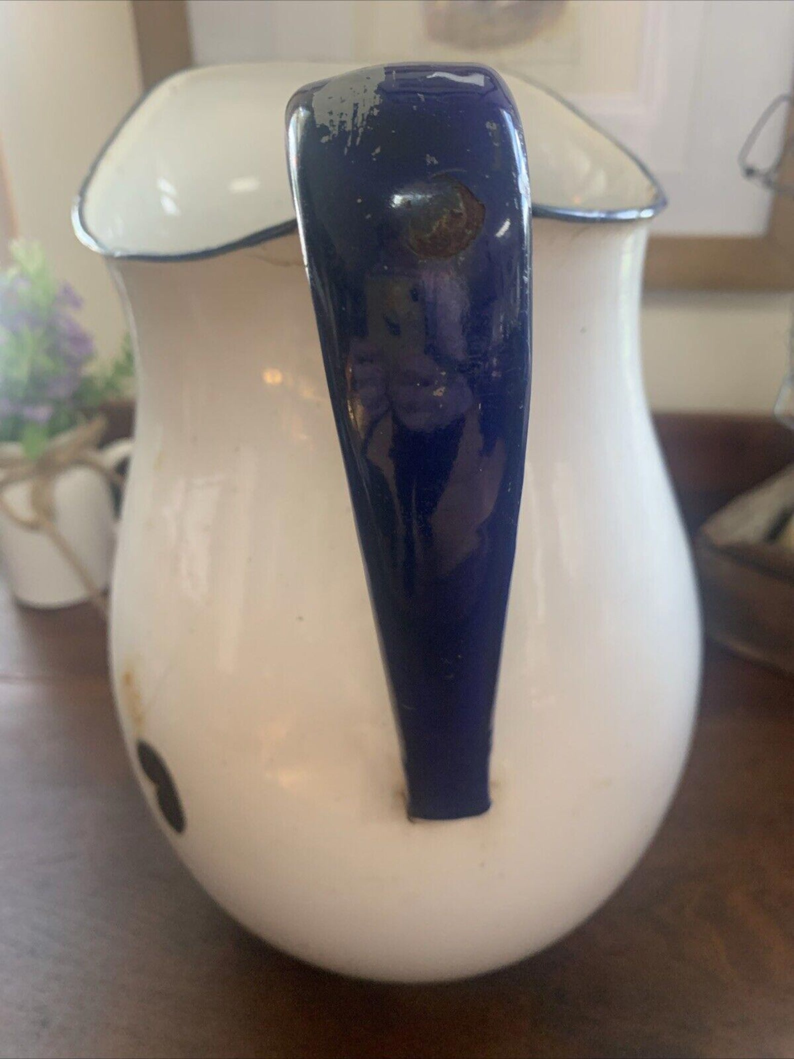 VTG Large Farmhouse Enamelware Pitcher Rare White Blue Trim Primitive ...