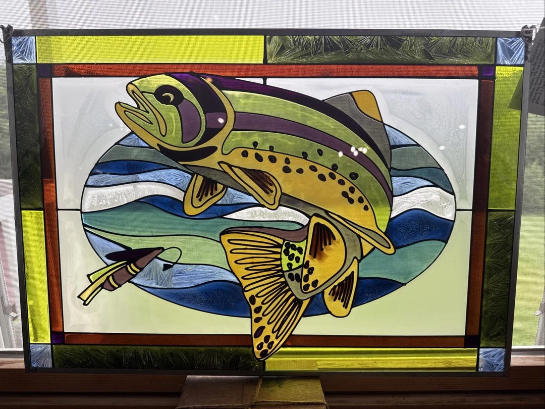 Faux Stained Glass Hand Painted Art Trout Fish Sun Catcher Cabin ...