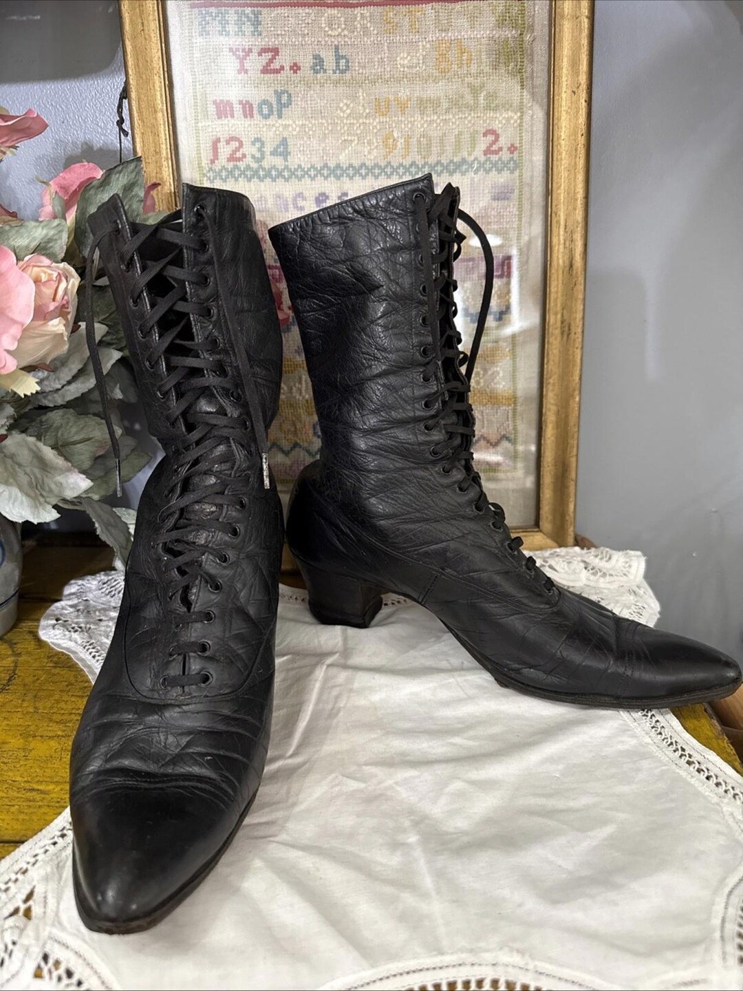 Antique Victorian Edwardian Lace up Black Leather Womans Boots Witch ...