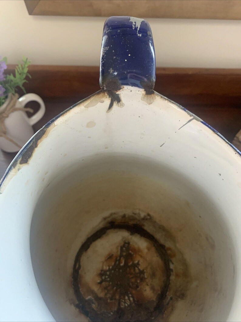 VTG Large Farmhouse Enamelware Pitcher Rare White Blue Trim Primitive ...
