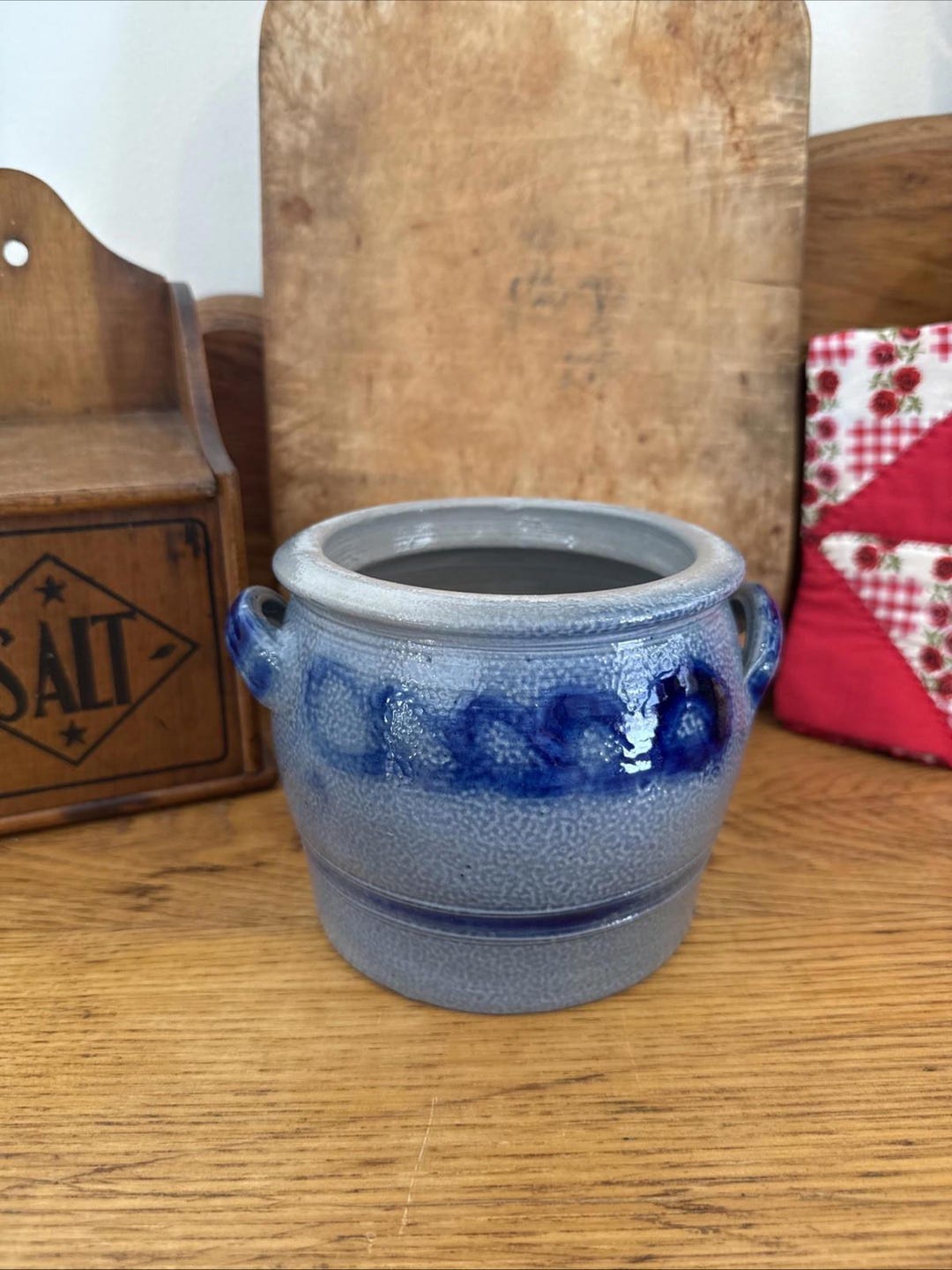 VTG Primitive Stoneware German Salt Glaze Cobalt Design Handled Crock ...