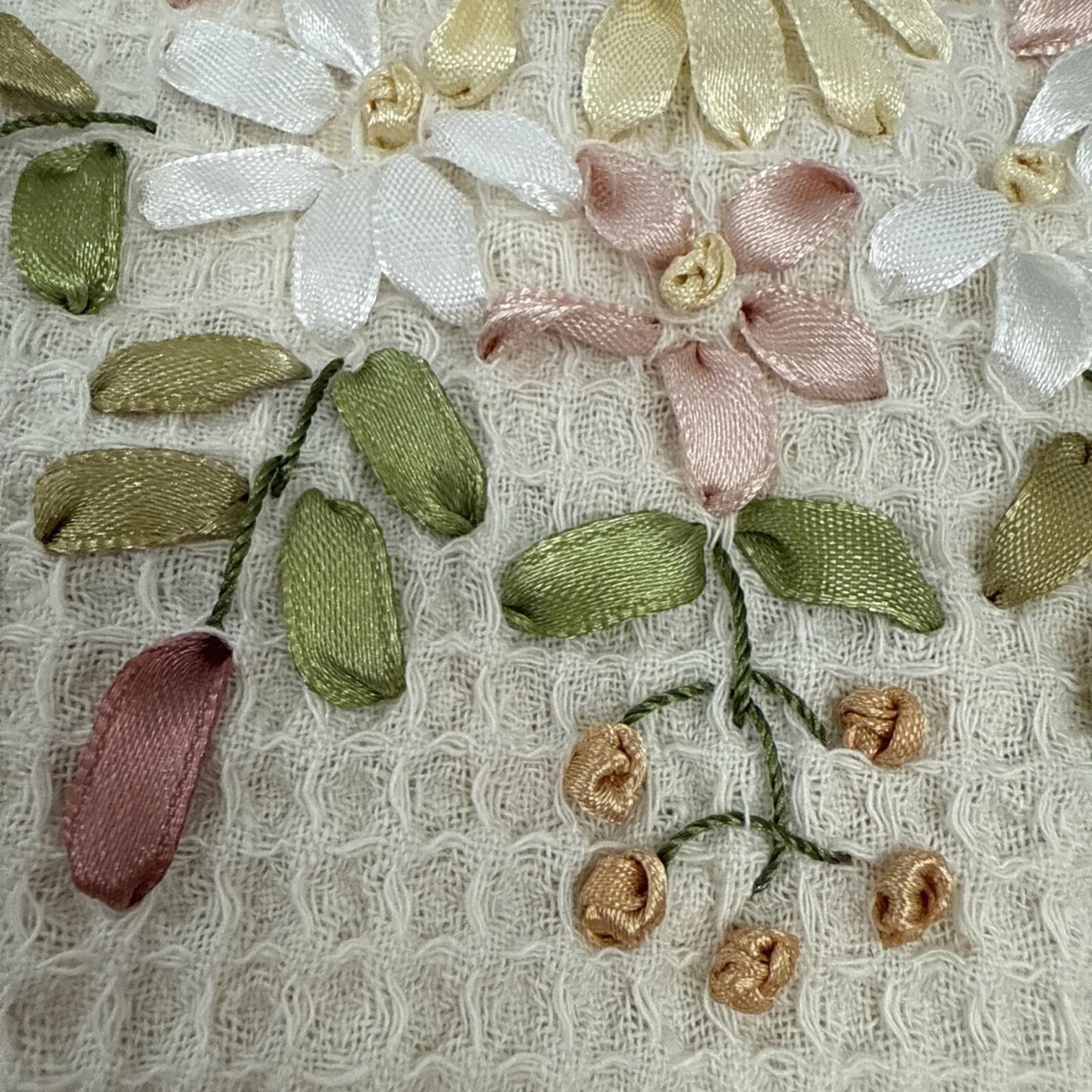 VTG Handmade Crochet Satin Ribbon Flowers Table Cloth Shabby Chic ...
