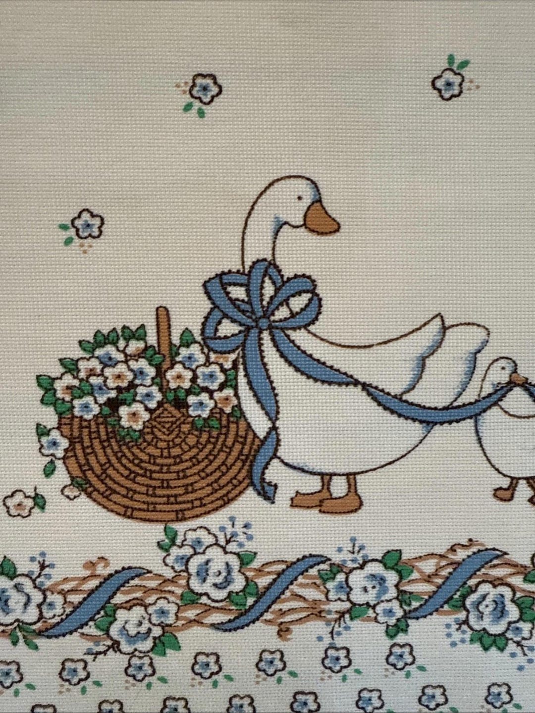 Vtg Cute Country Goose W/ Babies Blue Ribbon Tablecloth 80" X 57 ...