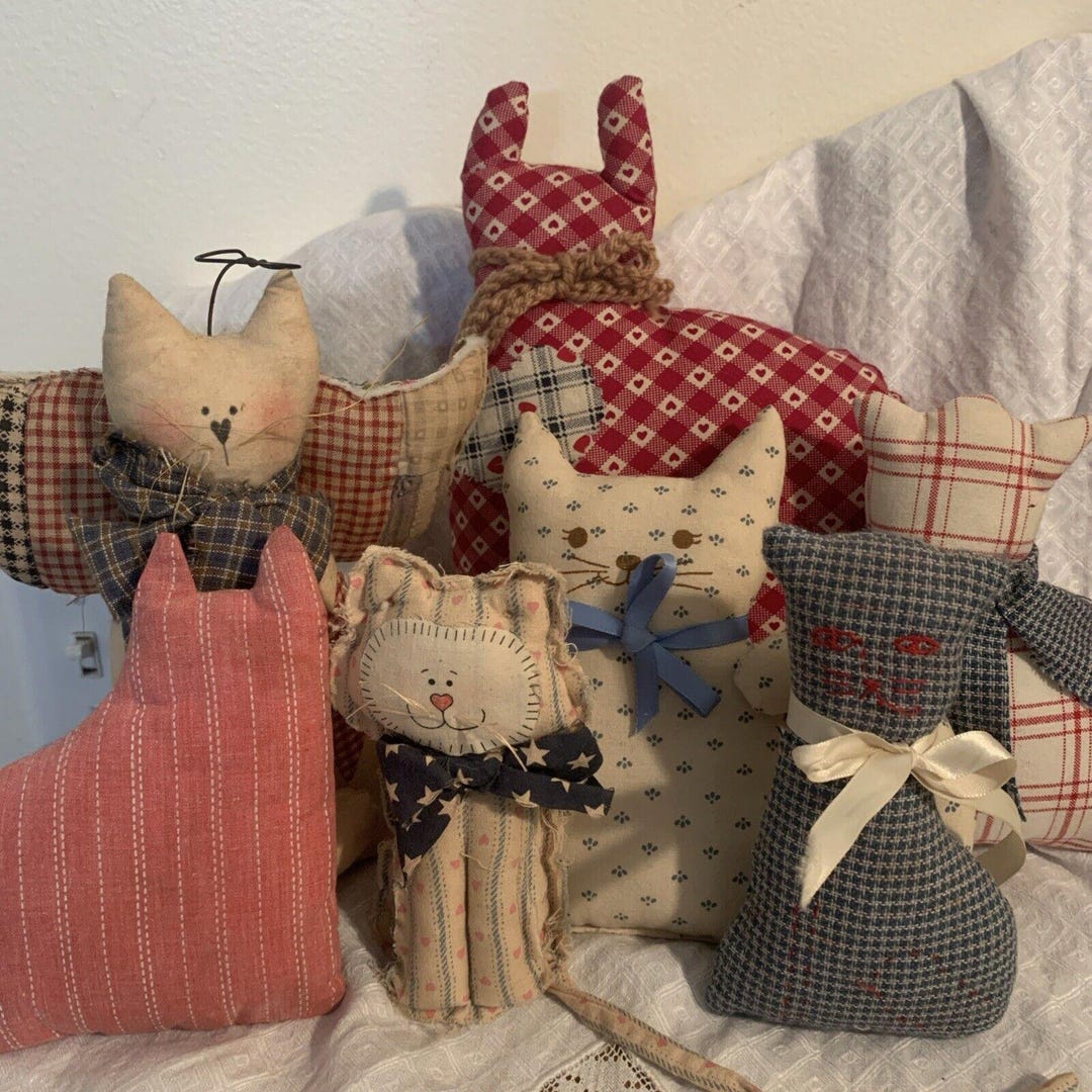 Lot of 7 Handmade Primitive Cloth Cats Kitten Folk Art Shelf Sitter ...