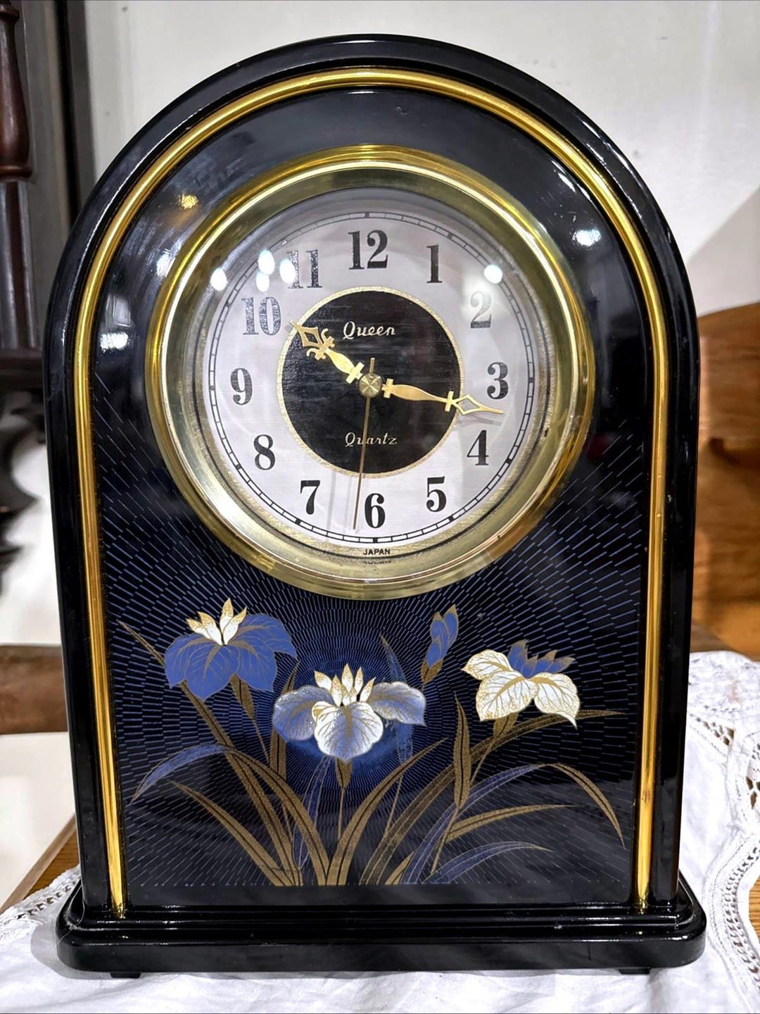 Vtg MCM Clock Queen Quartz Japan Black Plastic Purple Iris Floral ...