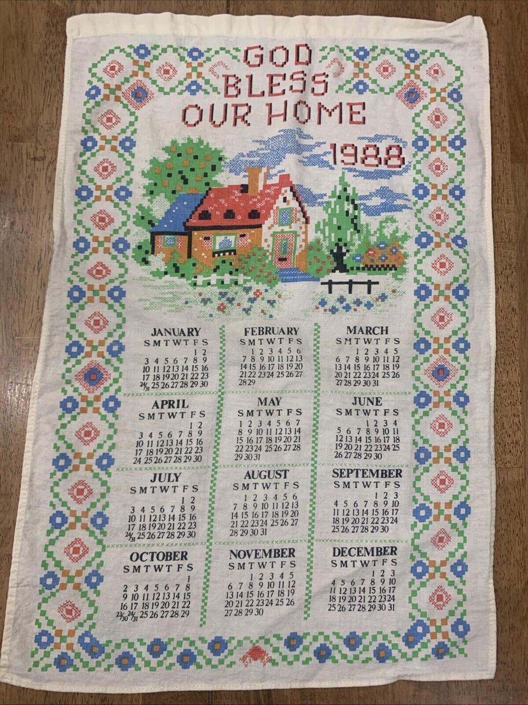 Vintage 1988 Linen Cloth Kitchen Calendar Wall Hanging Tea Towel Bless ...