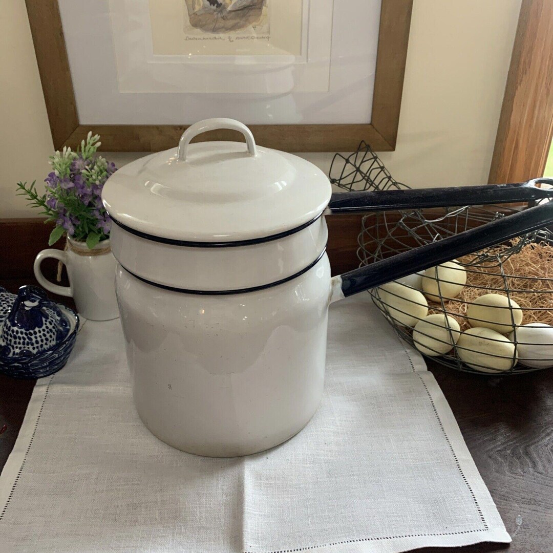Vintage Enamelware 3 Piece Double Boiler Pots White W/blue Trim ...