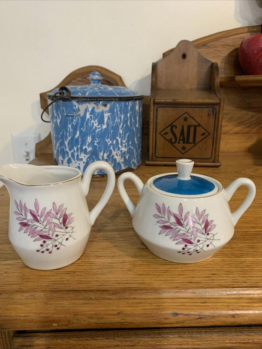 Vintage MCM 1950's Cream and Sugar Set Purple Leaf Design Cottagecore ...
