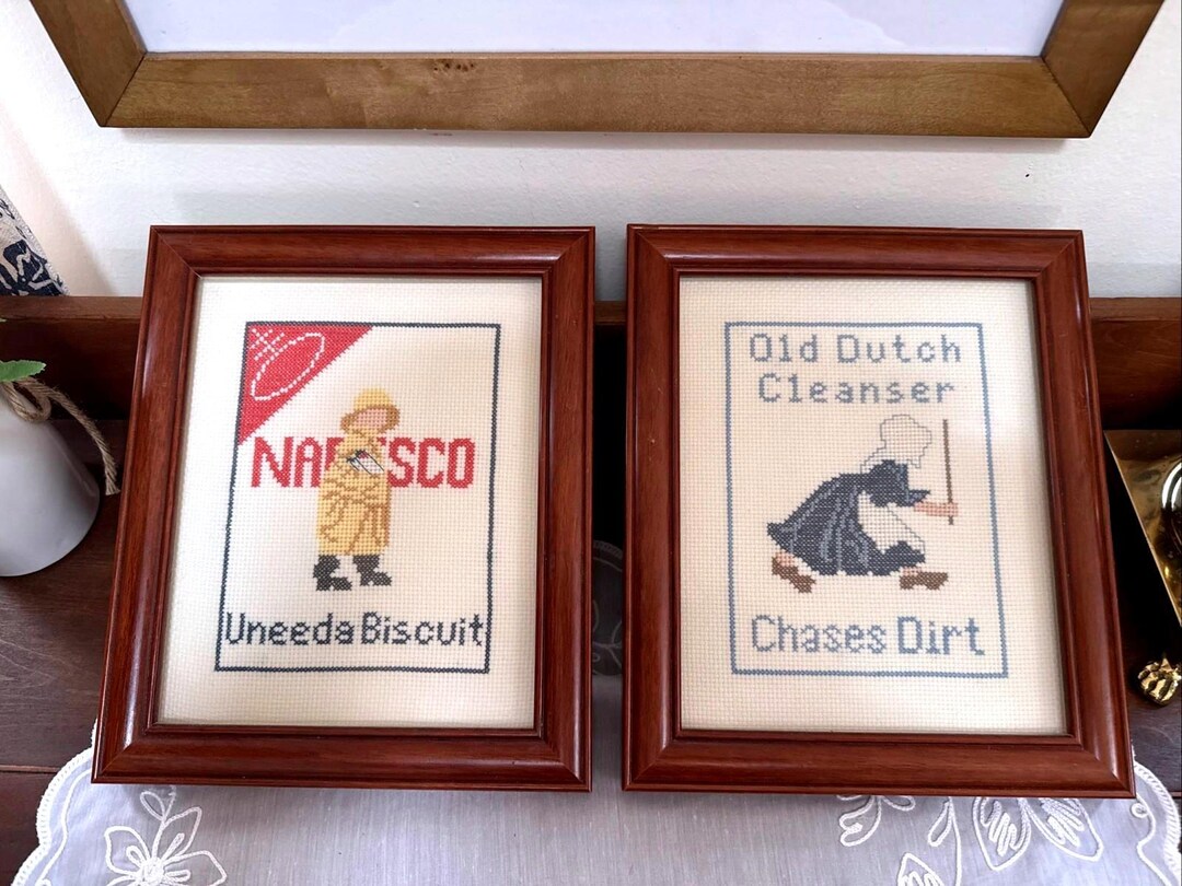 Set of 2 VTG Cross Stitch Pictures Frame Advertising Nabisco & Old ...