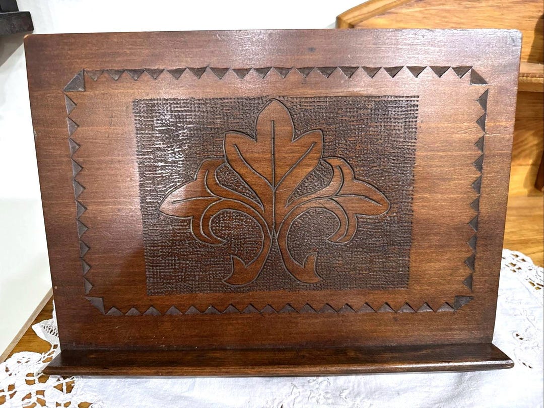 VTG Wood Stand Lectern Book Bible Holder Adjustable Walnut Fleur De Lis ...