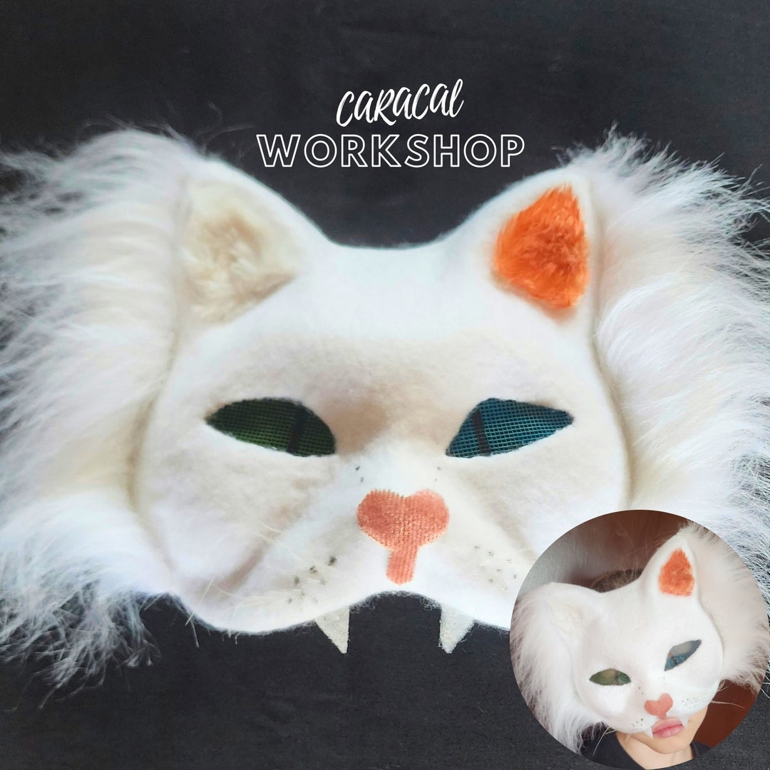 White Cat Mask With Green and Blue Eyes for Therians Furry and ...