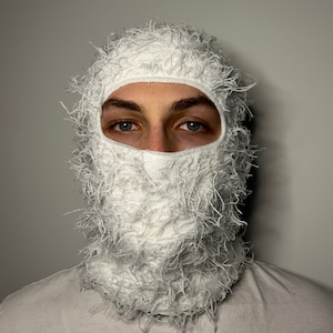 White Distressed Balaclava Ski Mask Soft Knitted Balaclava Rapper Toque ...