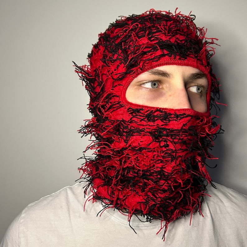 Red and Black Distressed Balaclava Ski Mask Soft Knitted Balaclava ...