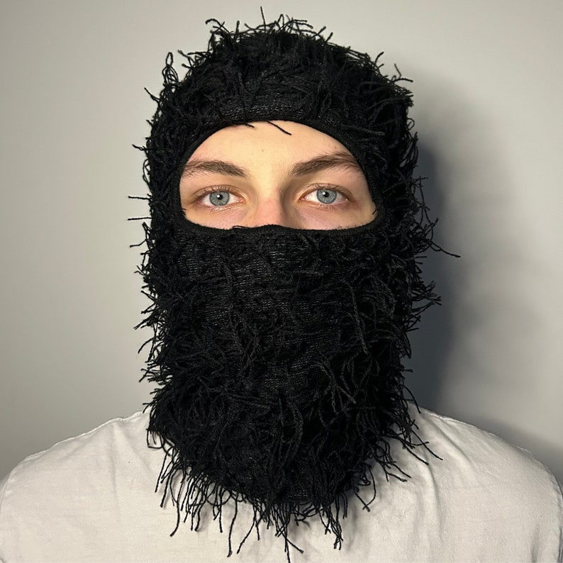 All Black Distressed Balaclava Ski Mask Soft Knitted Balaclava Rapper Toque Knit Sheisty Ghillie ...