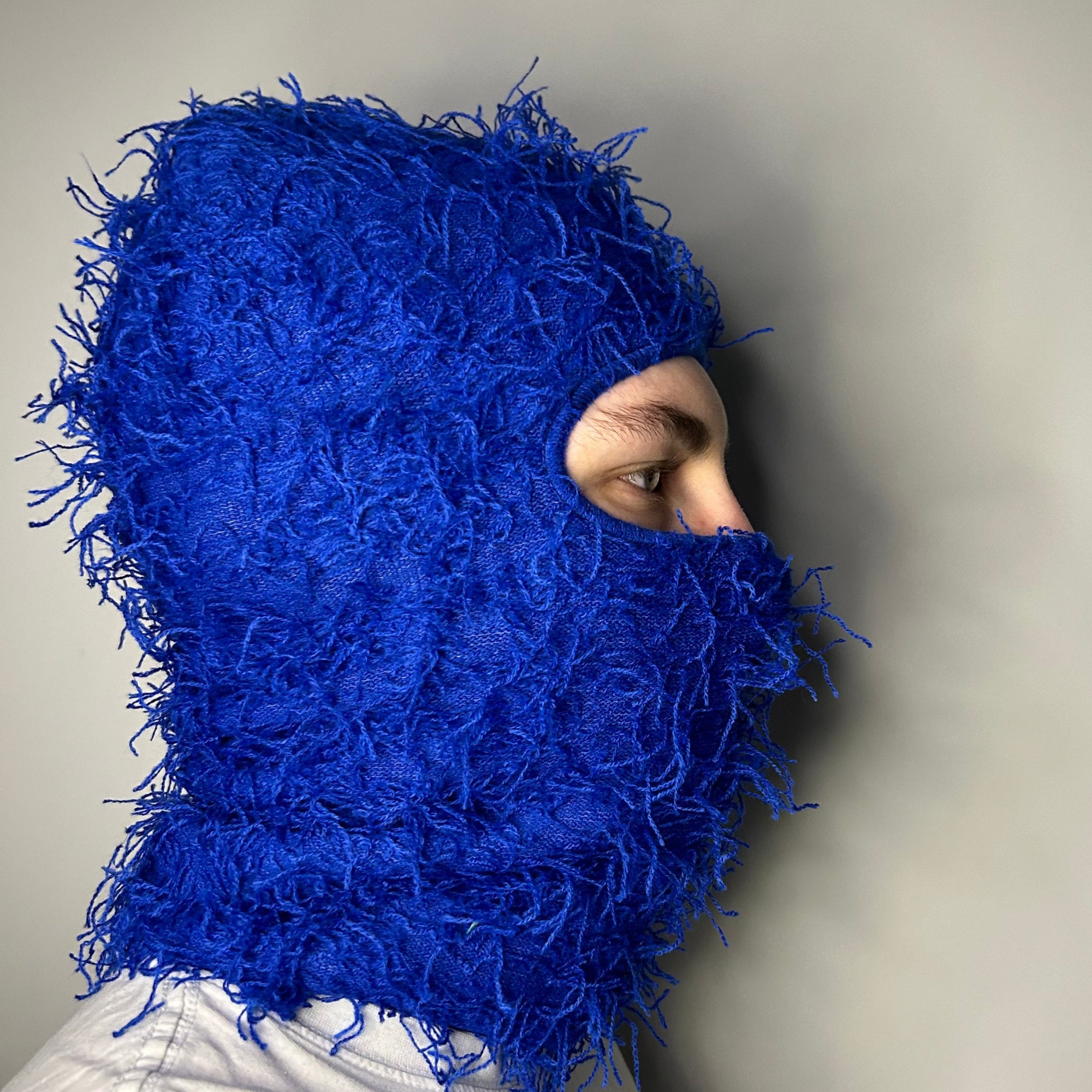 Blue Distressed Balaclava Ski Mask Soft Knitted Balaclava Rapper Toque ...