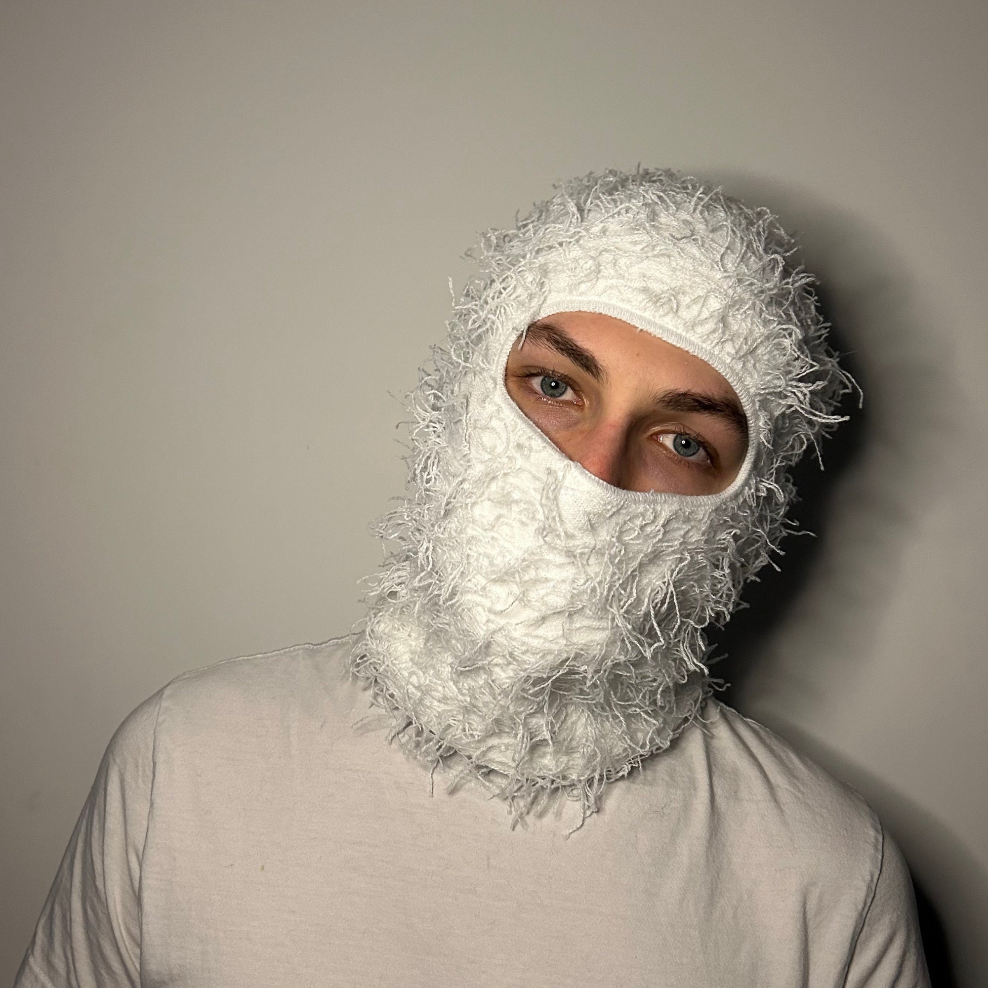 White Distressed Balaclava Ski Mask Soft Knitted Balaclava Rapper Toque ...