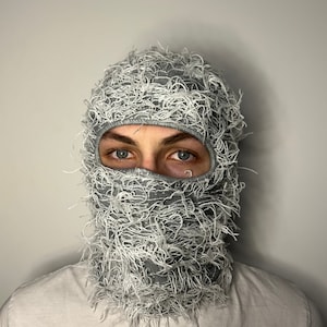 Grey & White Distressed Balaclava Ski Mask Soft Knitted Balaclava ...