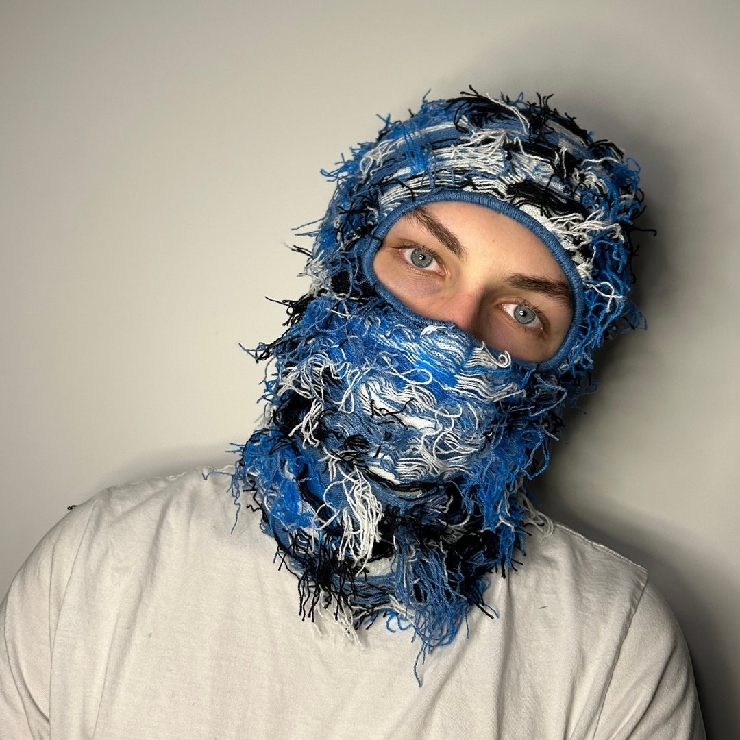 Blue Distressed Balaclava Ski Mask Soft Knitted Balaclava Rapper Toque ...