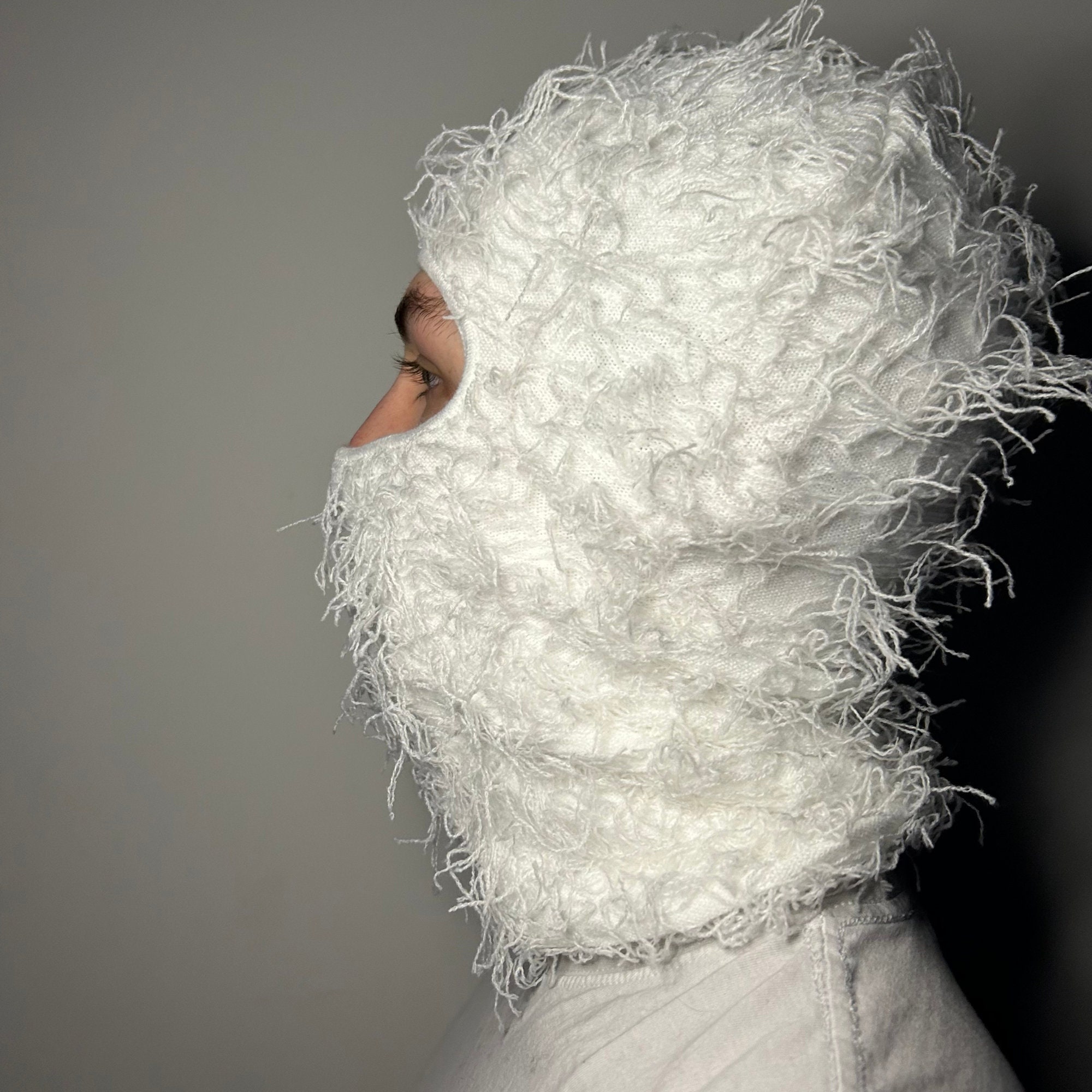 White Distressed Balaclava Ski Mask Soft Knitted Balaclava Rapper Toque ...
