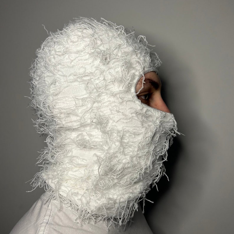 White Distressed Balaclava Ski Mask Soft Knitted Balaclava Rapper Toque ...