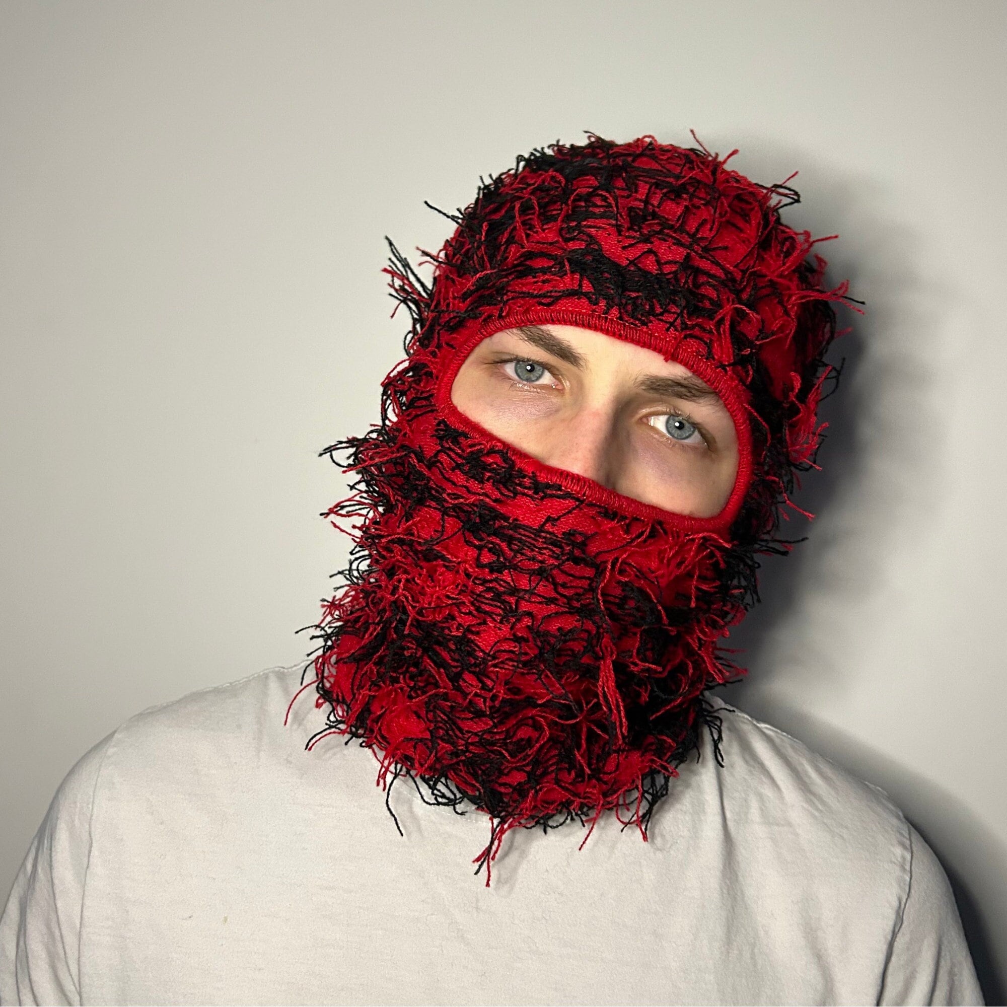 Red and Black Distressed Balaclava Ski Mask Soft Knitted Balaclava ...