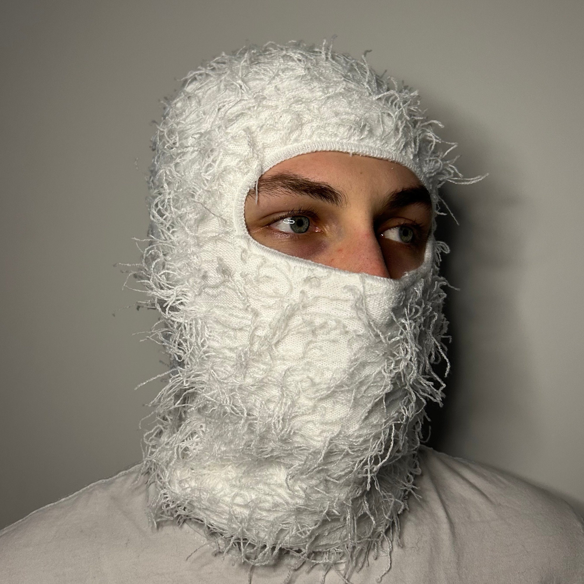 White Distressed Balaclava Ski Mask Soft Knitted Balaclava Rapper Toque ...