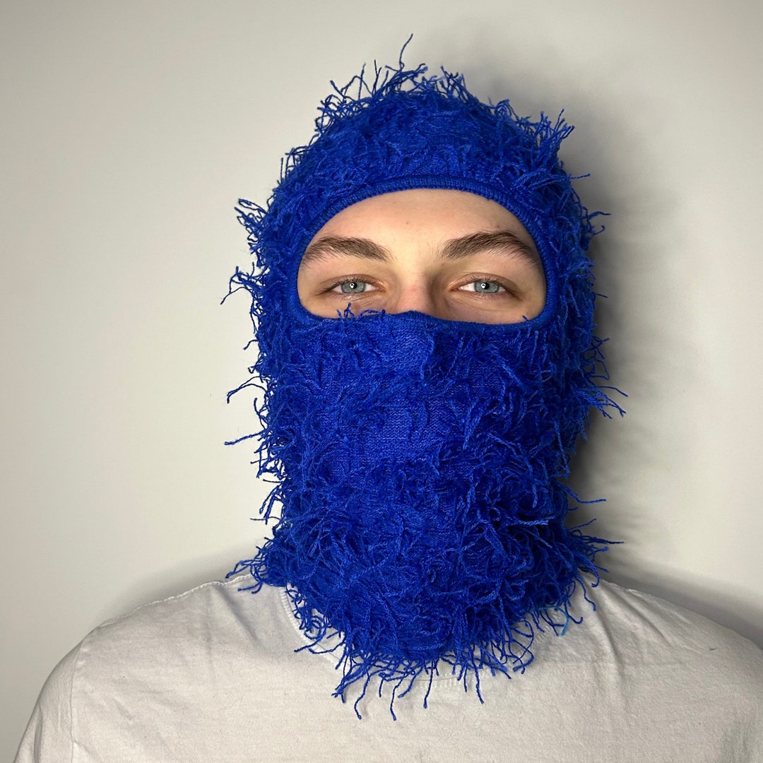 Blue Distressed Balaclava Ski Mask Soft Knitted Balaclava Rapper Toque ...