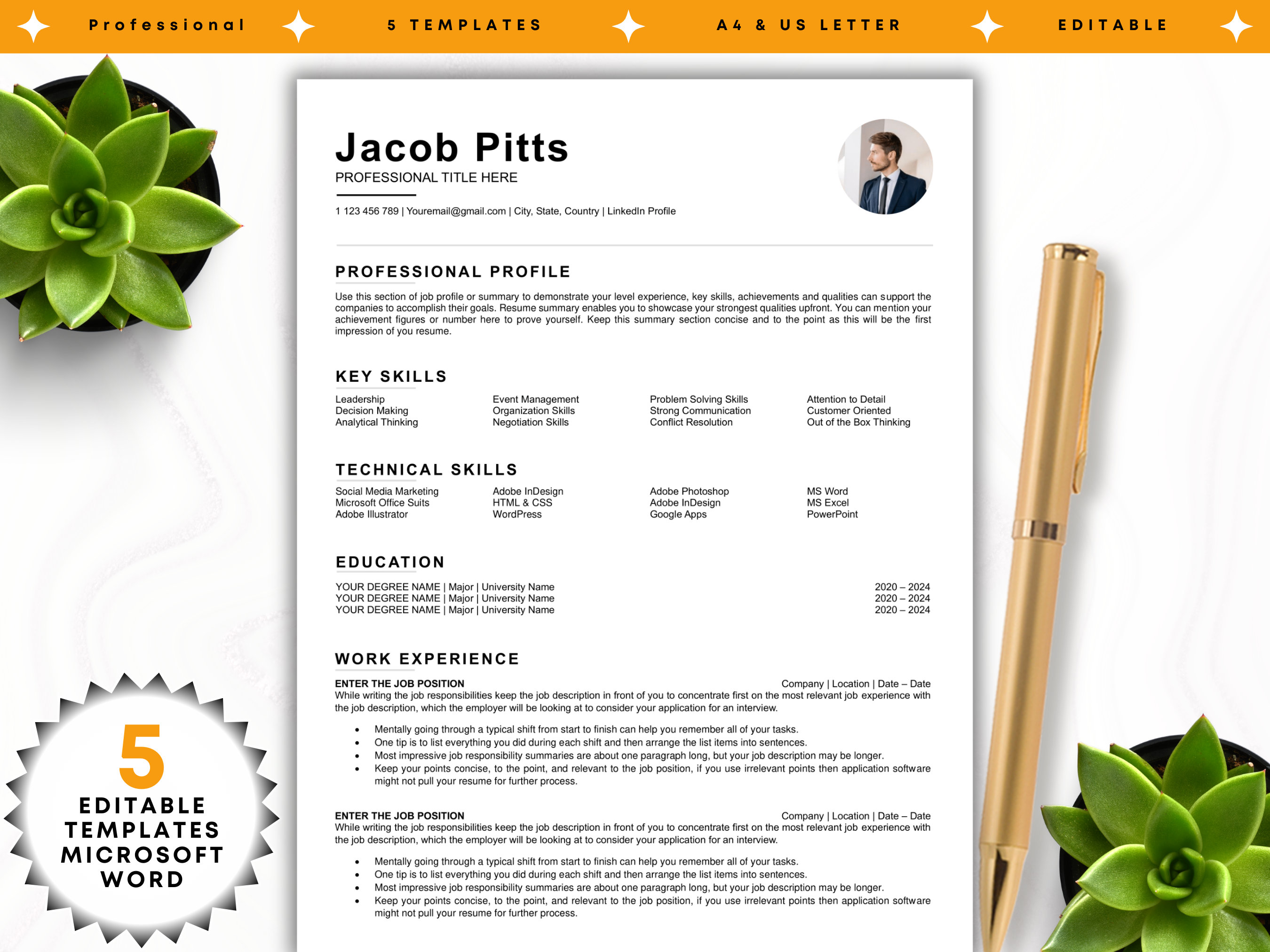 CV Templates Modern Resume With Photo Word Doc, 1 2 3 Page Professional ...