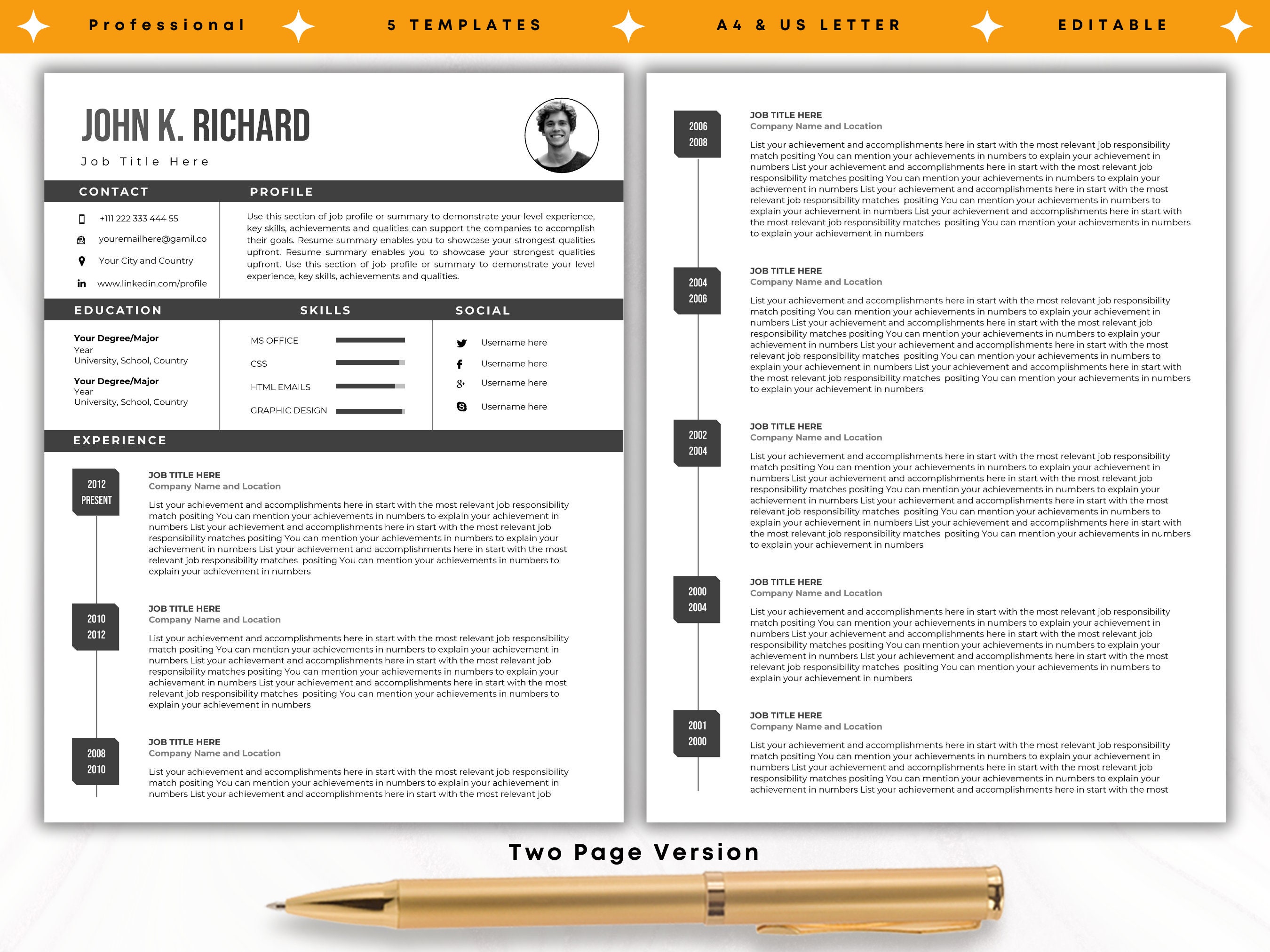Creative Resume Modern Professional Template Word, Elegant CV Template ...
