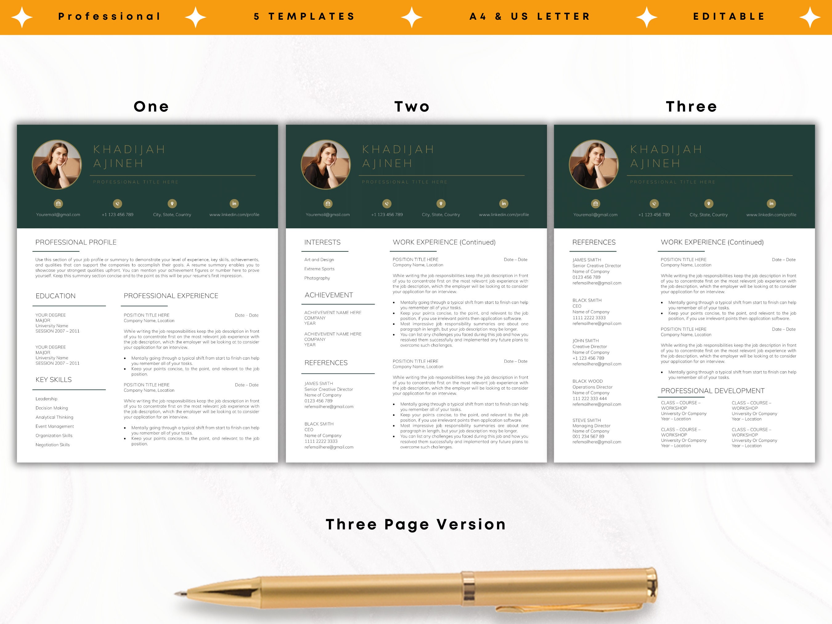 Resume CV Templates Modern Design Word Docs, 1 2 3 Page Professional ...