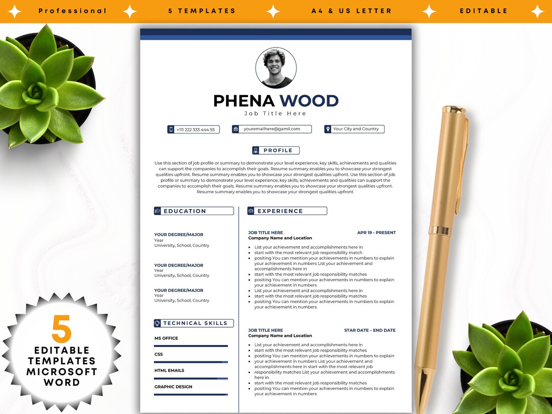 Modern Resume Template With Photo for Word, Professional Elegant CV ...