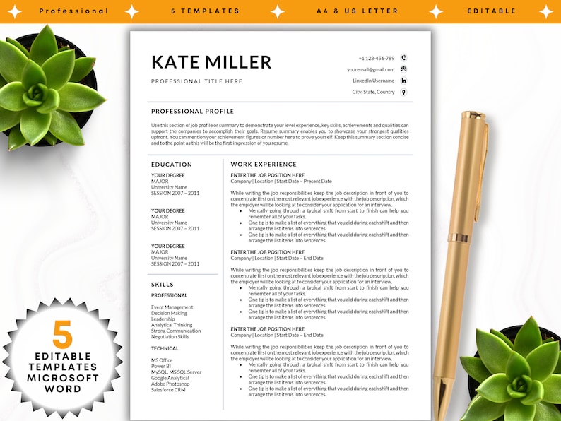 Minimalist Resume Template: Modern CV, Cover Letter, References (word ...