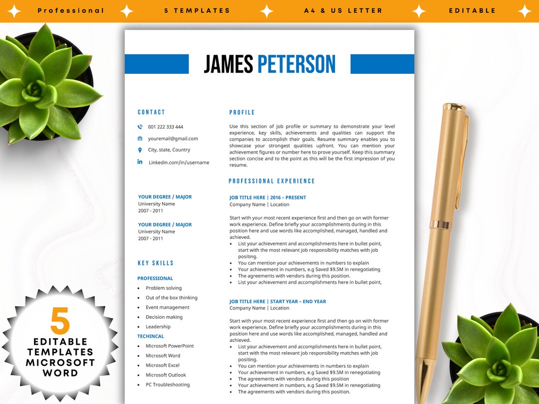 CV Template Minimalist Modern Resume Word, Simple Professional Resume ...