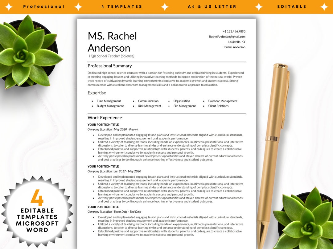 Teacher Resume Template: Minimalist CV Design (word, ATS Friendly) - Etsy