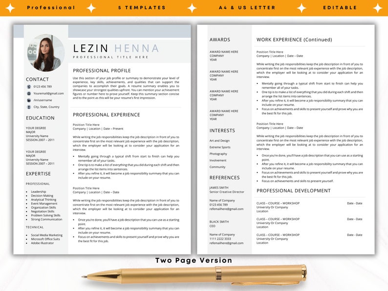 CV Templates Modern Resume Design Word Docs, 1 2 3 Page Professional ...