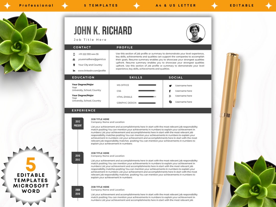 Creative Resume Modern Professional Template Word, Elegant CV Template ...