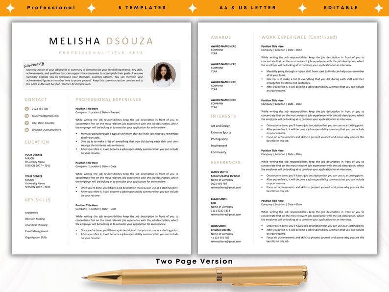 Resume CV Templates Modern Design Word Docs, 1 2 3 Page Creative Resume ...