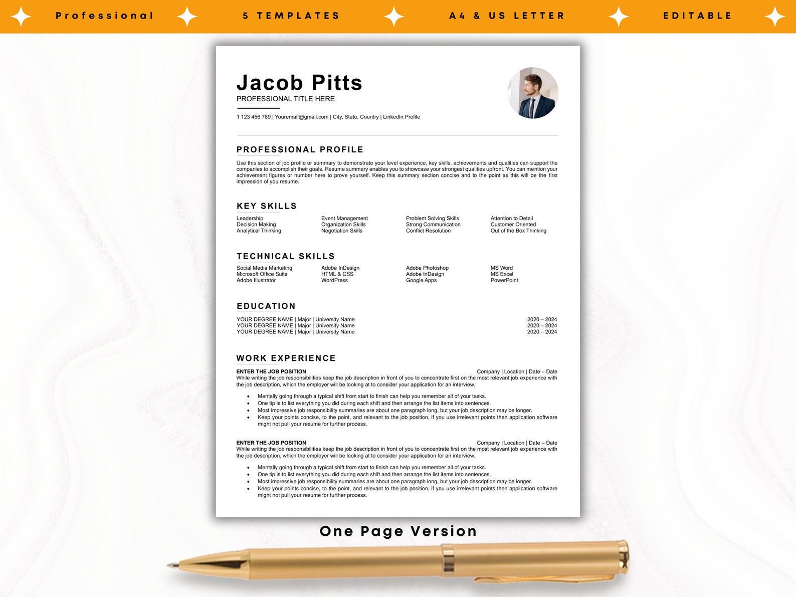 CV Templates Modern Resume With Photo Word Doc, 1 2 3 Page Professional ...