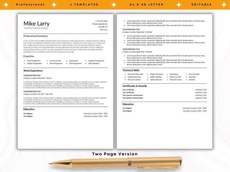 Resume CV Templates Word ATS Friendly, Professional Clean 1 2 Page CV ...