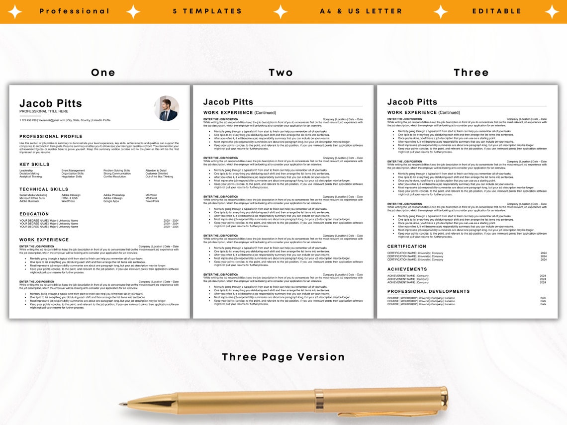 CV Templates Modern Resume With Photo Word Doc, 1 2 3 Page Professional ...