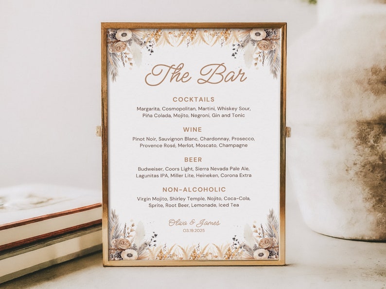 Wedding Bar Menu Template, Wedding Drinks Menu Template, Boho Wedding ...