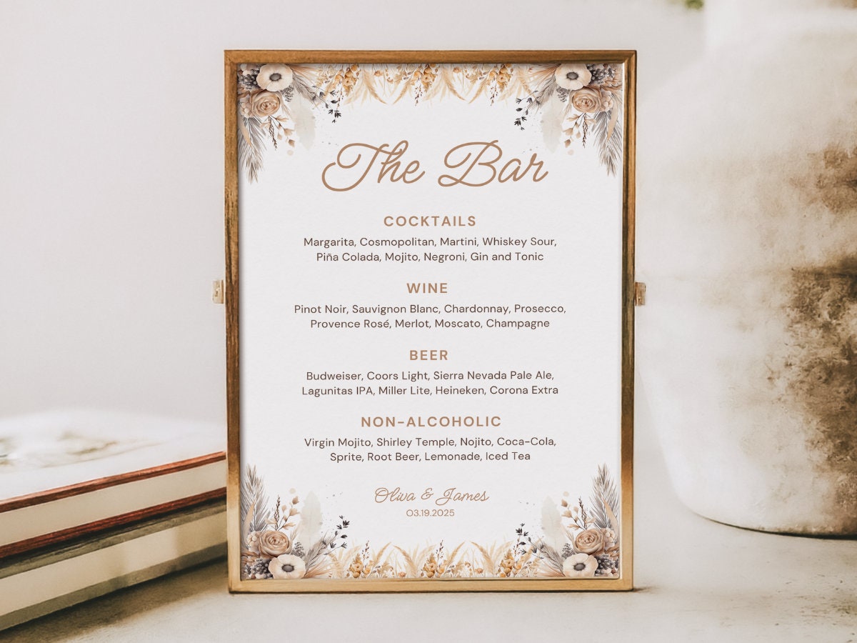 Wedding Bar Menu Template, Wedding Drinks Menu Template, Boho Wedding ...