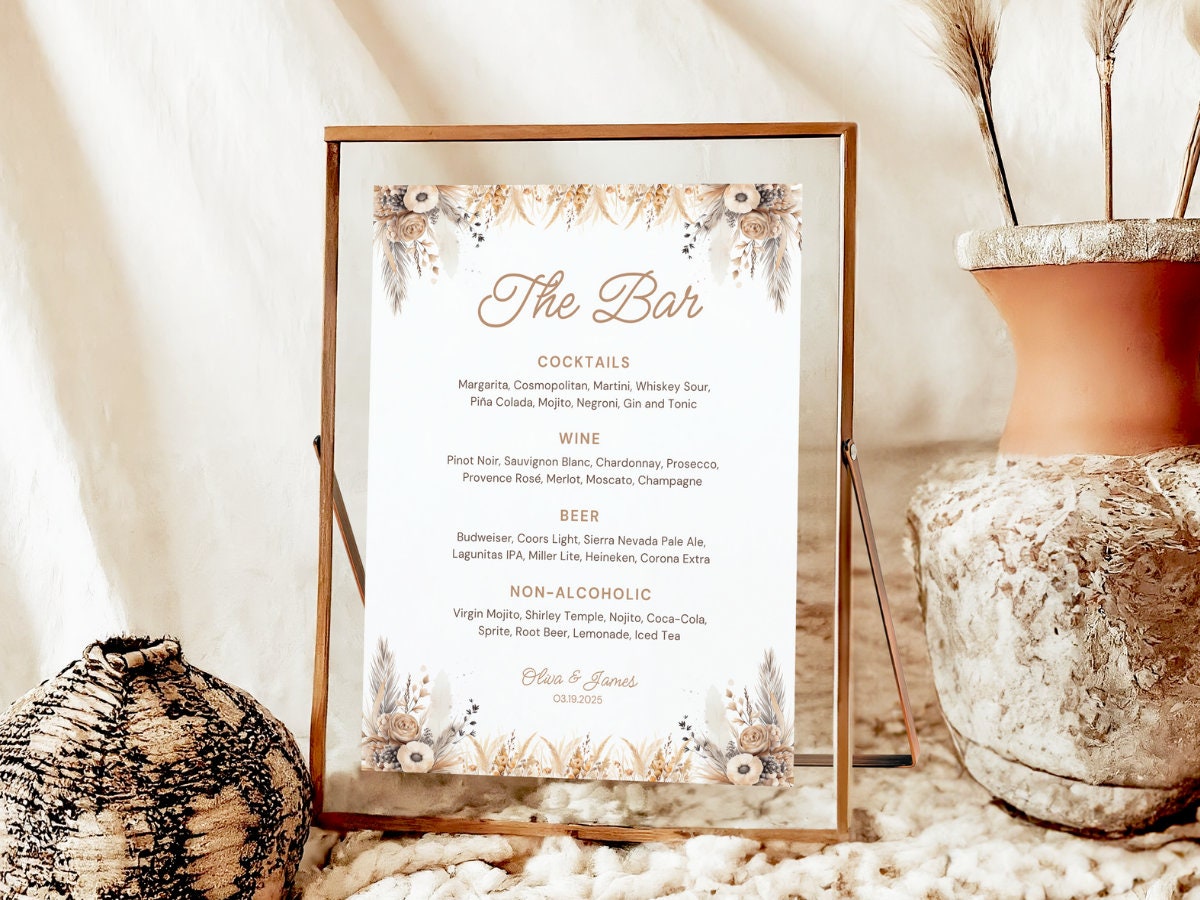 Wedding Bar Menu Template, Wedding Drinks Menu Template, Boho Wedding ...