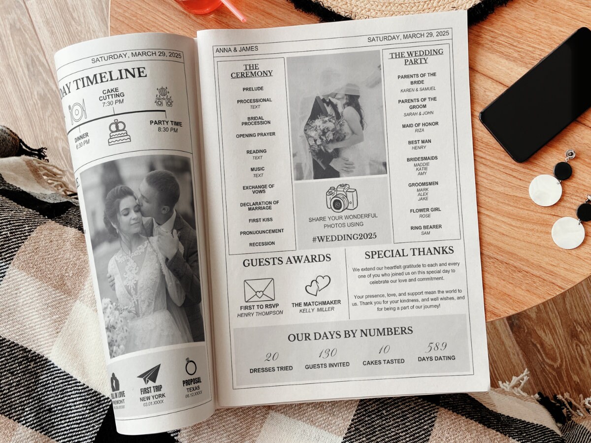 Newspaper Wedding Program Template, Printable Wedding Day Timeline ...