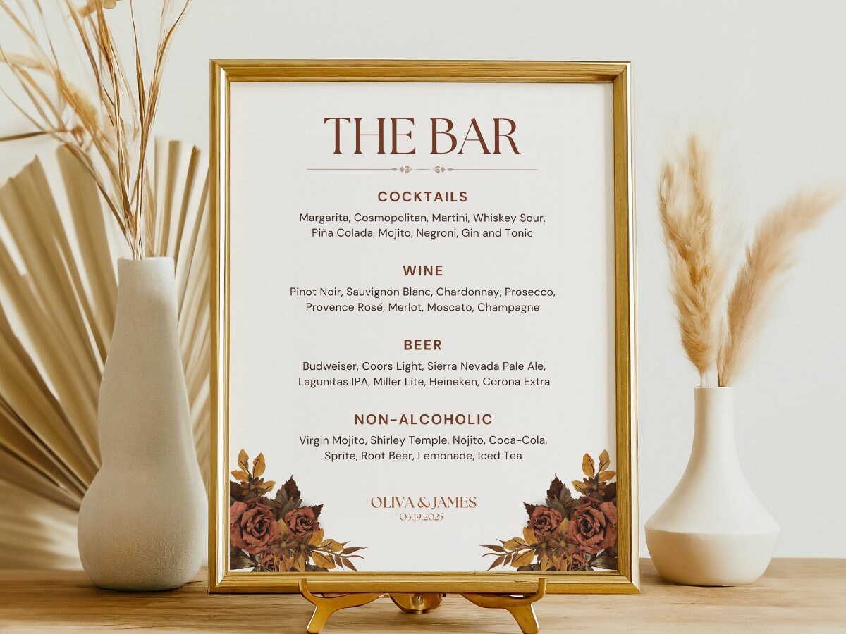 Rustic Wedding Bar Menu Template, Printable Drinks Sign (digital ...