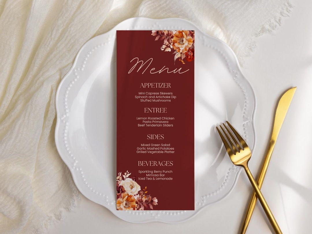 Burgundy Bridal Shower Menu Card, Wedding Menu Card Template, Floral ...